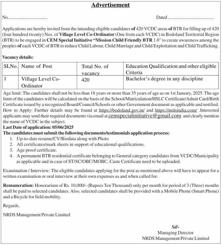 BTR VCDC Village Level Coordinator Recruitment 2025 For Graduate | 420 ...
